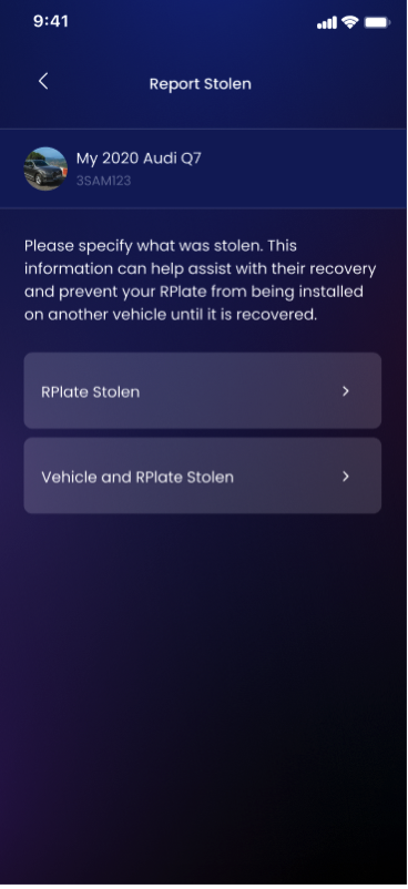 How do I report my vehicle and Rplate as stolen?