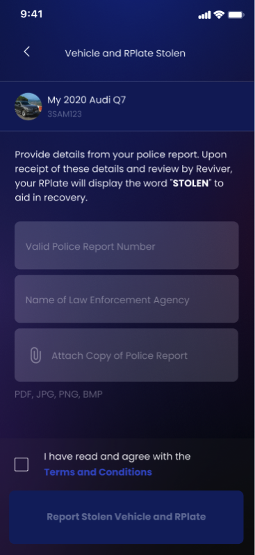 How do I report my vehicle and Rplate as stolen?